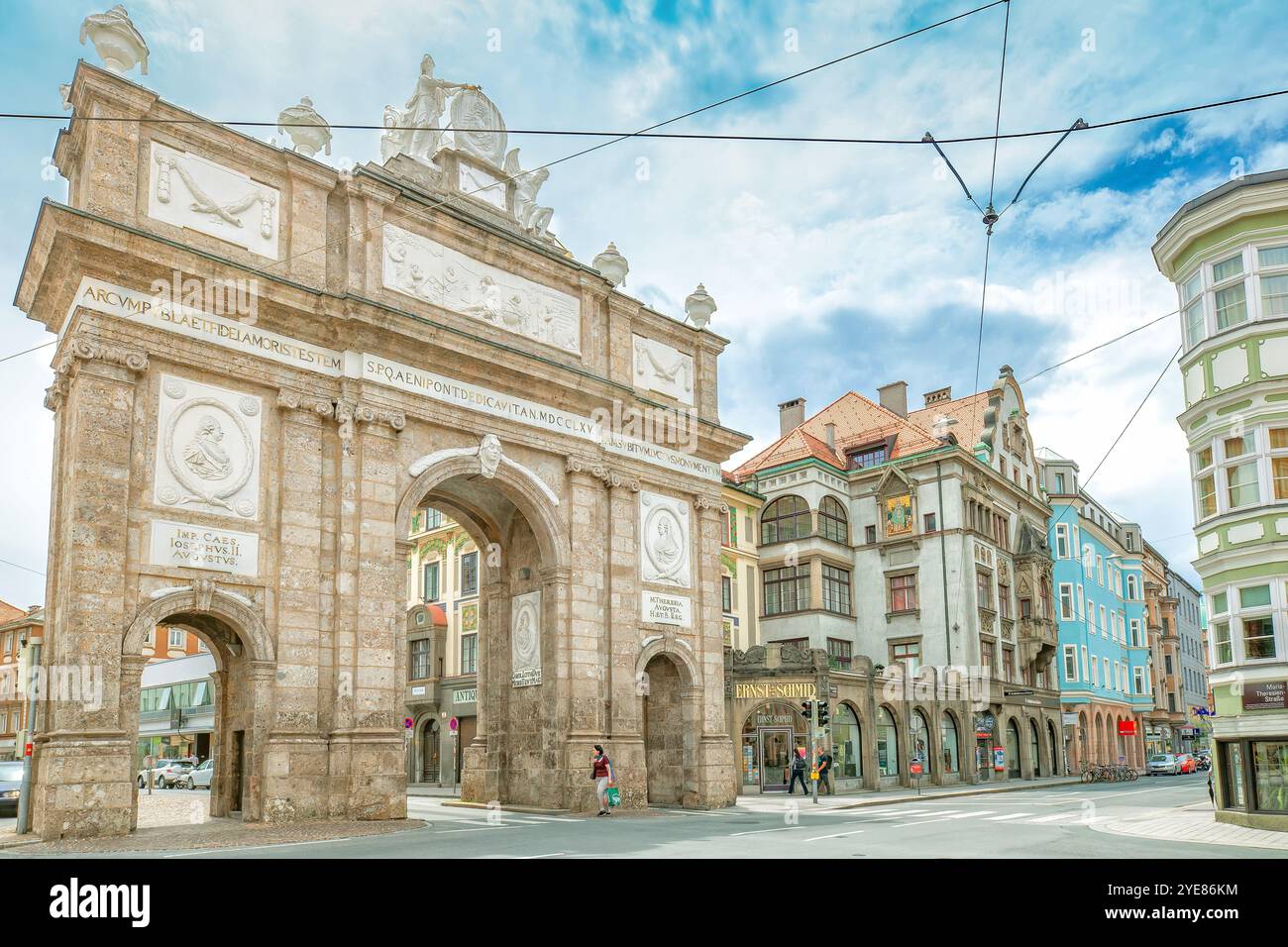 Innsbruck, Austria - 22 June 2019: Triumphal Arch wih white sculptures ...