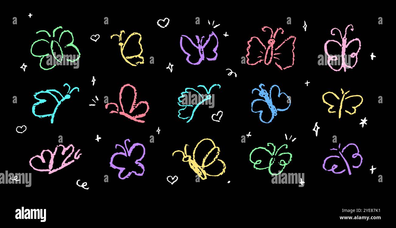 Set of butterflies drawing by pastel or charcoal pencil. Colorful chalk ...