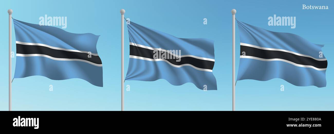 Set of three flags of Botswana waving on flagpoles with a vibrant blue sky backdrop Stock Vector ...