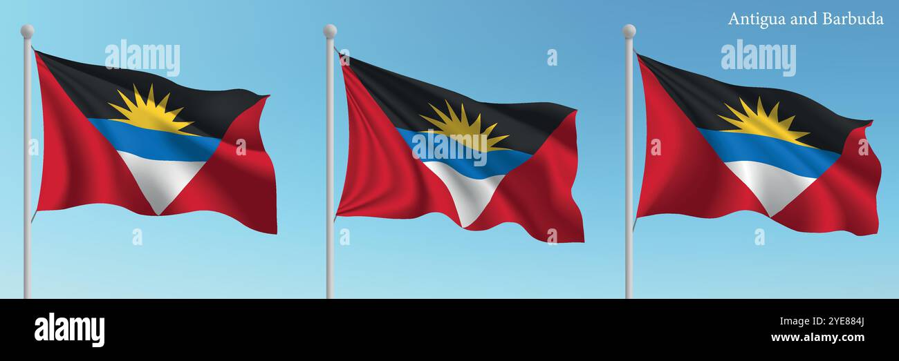 Set of three flags of Antigua and Barbuda waving on flagpoles with a vibrant blue sky backdrop ...