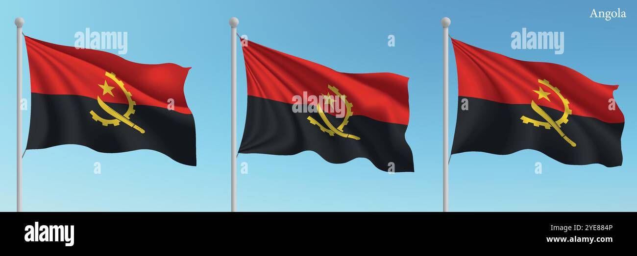 Set of three flags of Angola waving on flagpoles with a vibrant blue sky backdrop Stock Vector ...