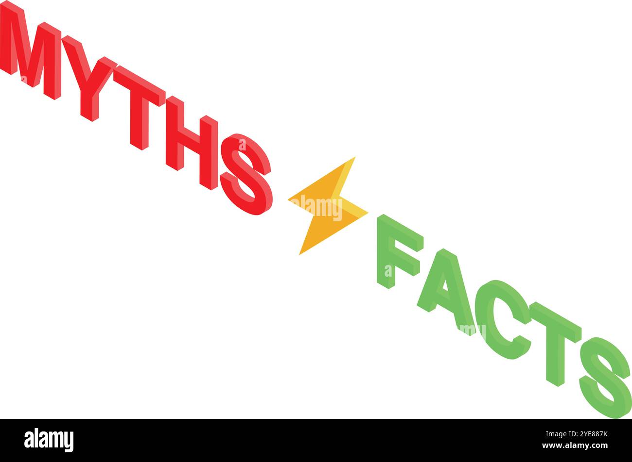 Isometric view of lightning transforming myths written in red into ...