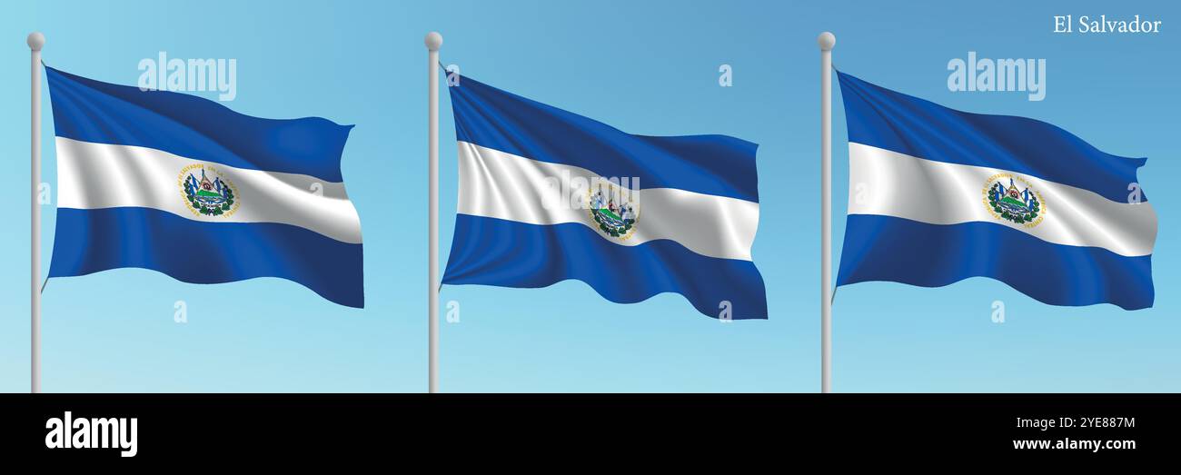 Set of three flags of El Salvador waving on flagpoles with a vibrant blue sky backdrop Stock ...