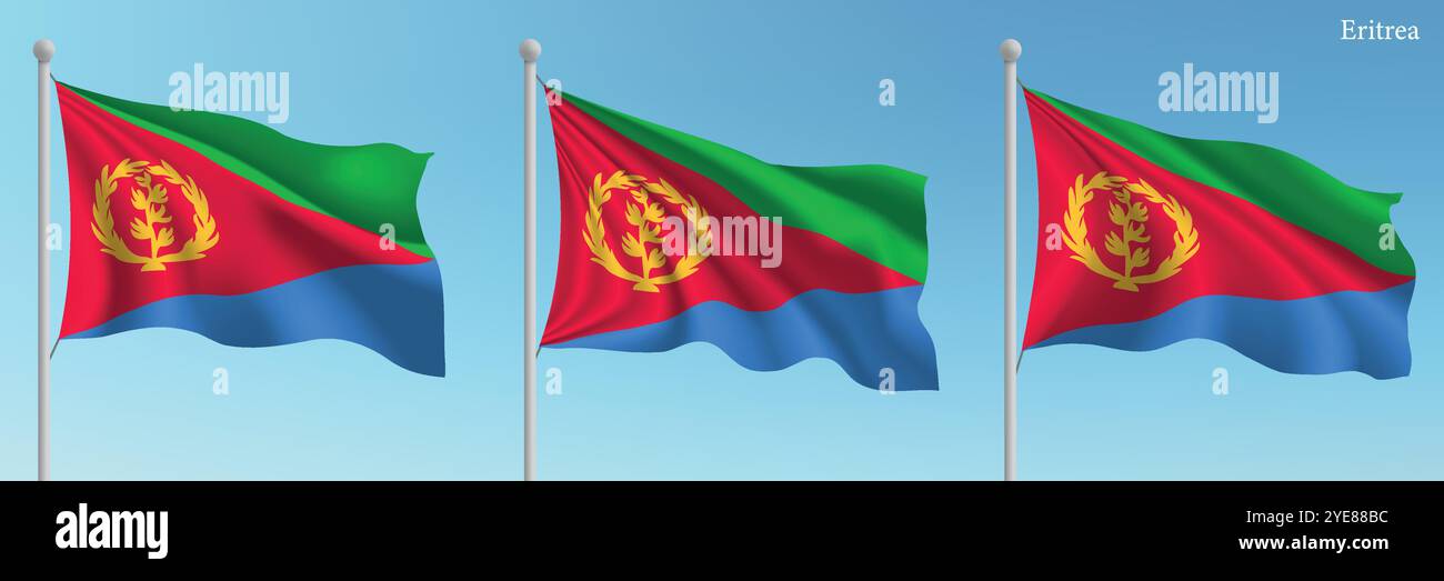 Set of three flags of Eritrea waving on flagpoles with a vibrant blue sky backdrop Stock Vector ...