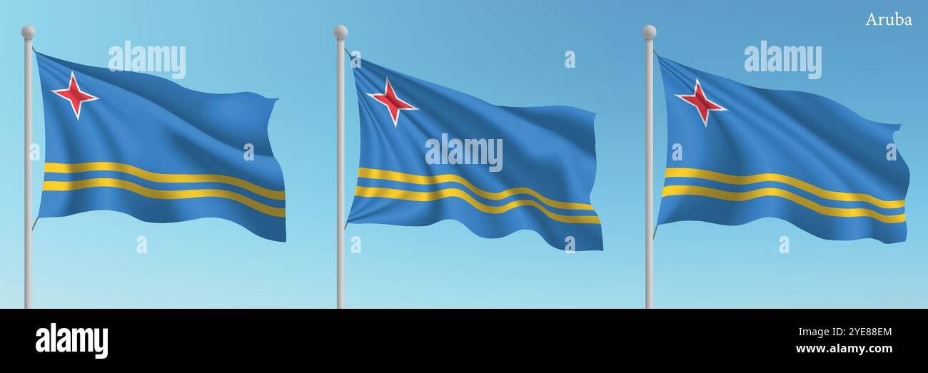 Set of three flags of Aruba waving on flagpoles with a vibrant blue sky backdrop Stock Vector ...