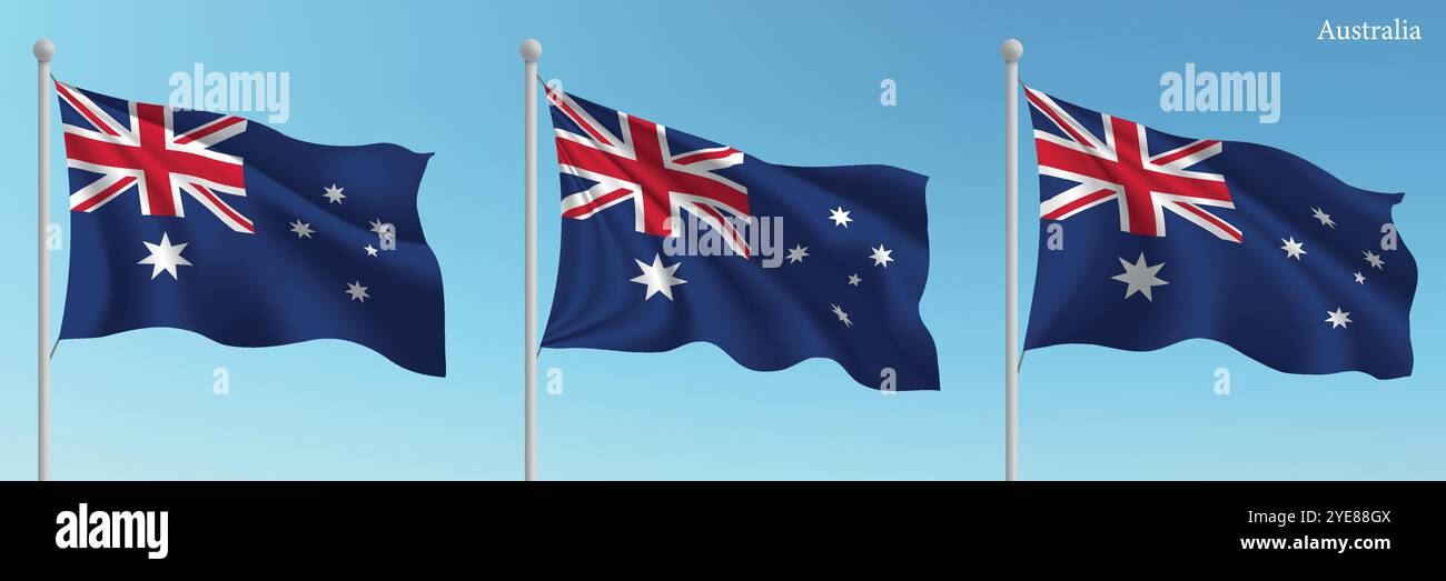 Set of three flags of Australia waving on flagpoles with a vibrant blue ...