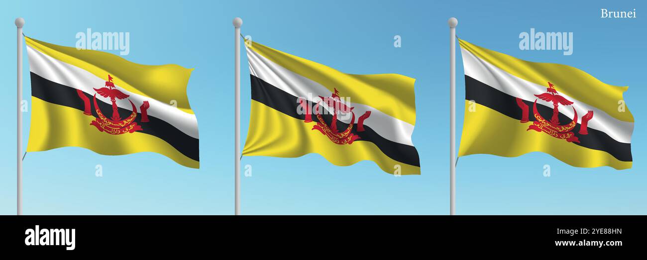 Set of three flags of Brunei waving on flagpoles with a vibrant blue sky backdrop Stock Vector ...