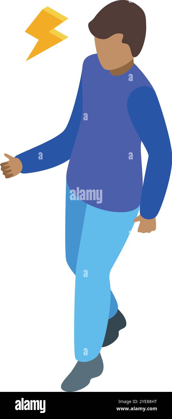 Isometric young man walking with lightning bolt symbol above his head ...