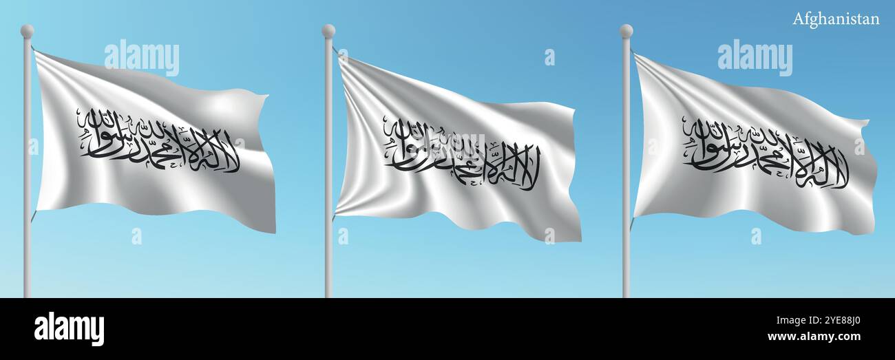 Set of three flags of Afghanistan waving on flagpoles with a vibrant blue sky backdrop Stock ...