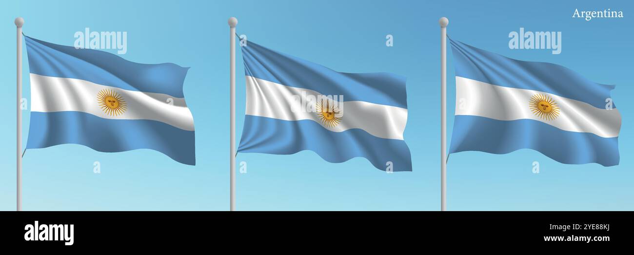 Set of three flags of Argentina waving on flagpoles with a vibrant blue sky backdrop Stock ...