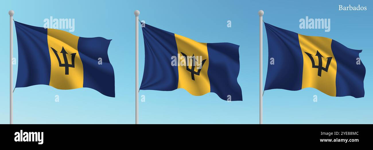 Set of three flags of Barbados waving on flagpoles with a vibrant blue sky backdrop Stock Vector ...
