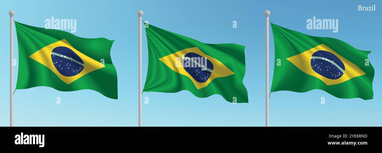 Set of three flags of Brazil waving on flagpoles with a vibrant blue sky backdrop Stock Vector ...