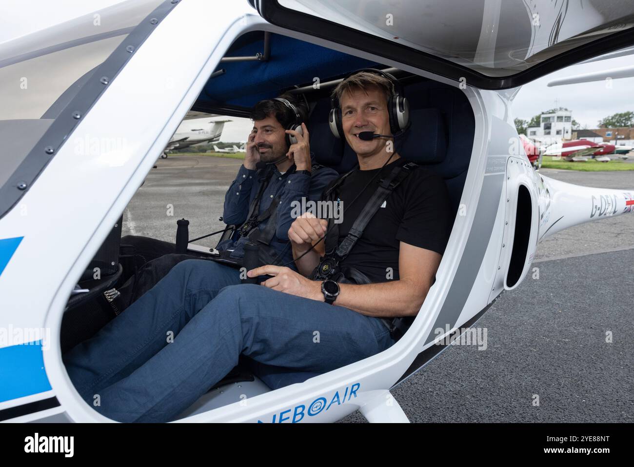 Former RAF pilot Adam Twidell with the Pipistrel Velis Electro Britain ...