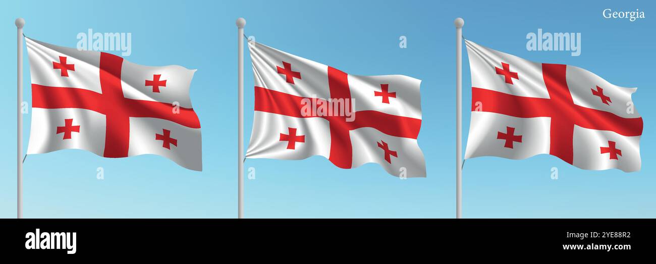 Set of three flags of Georgia waving on flagpoles with a vibrant blue ...