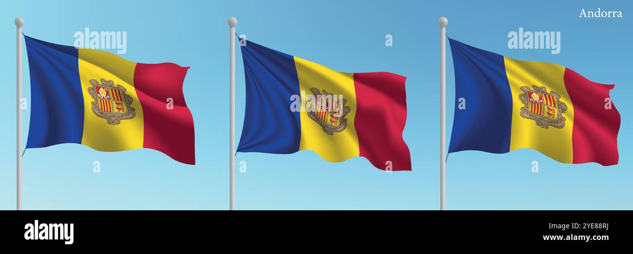 Set of three flags of Andorra waving on flagpoles with a vibrant blue sky backdrop Stock Vector ...