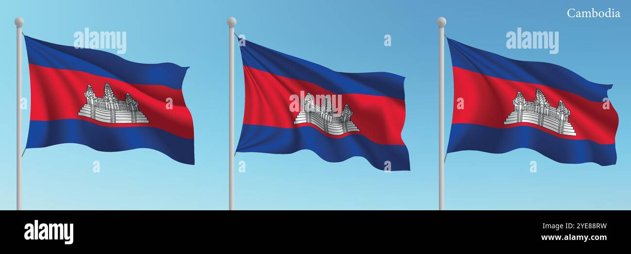 Set of three flags of Cambodia waving on flagpoles with a vibrant blue sky backdrop Stock Vector ...