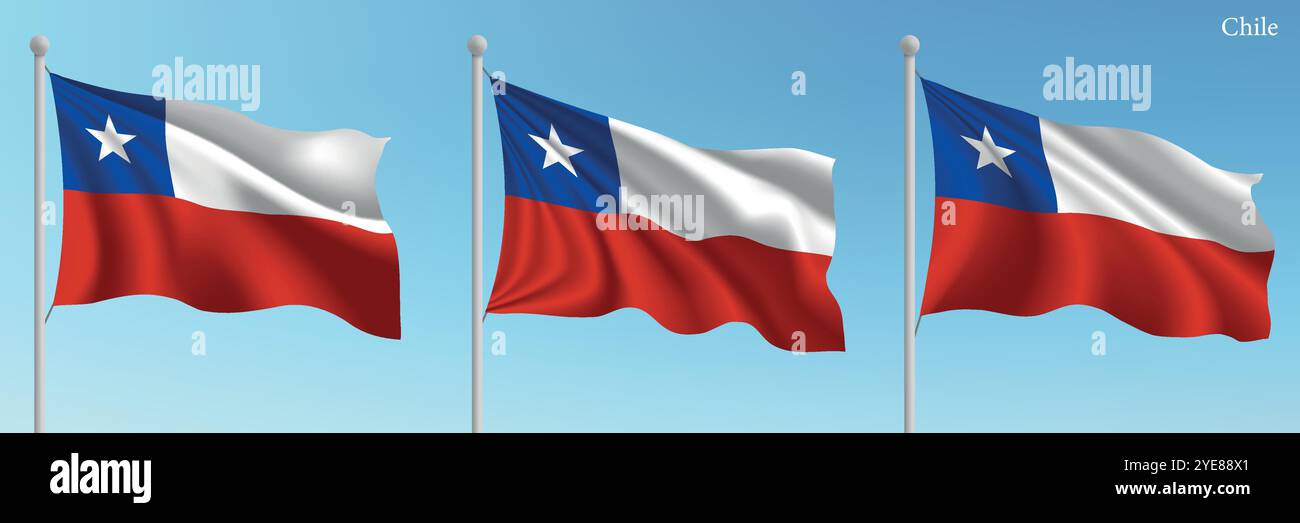 Set of three flags of Chile waving on flagpoles with a vibrant blue sky ...