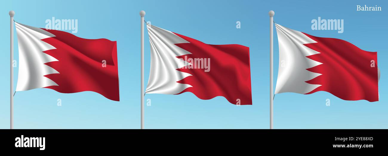 Set of three flags of Bahrain waving on flagpoles with a vibrant blue sky backdrop Stock Vector ...