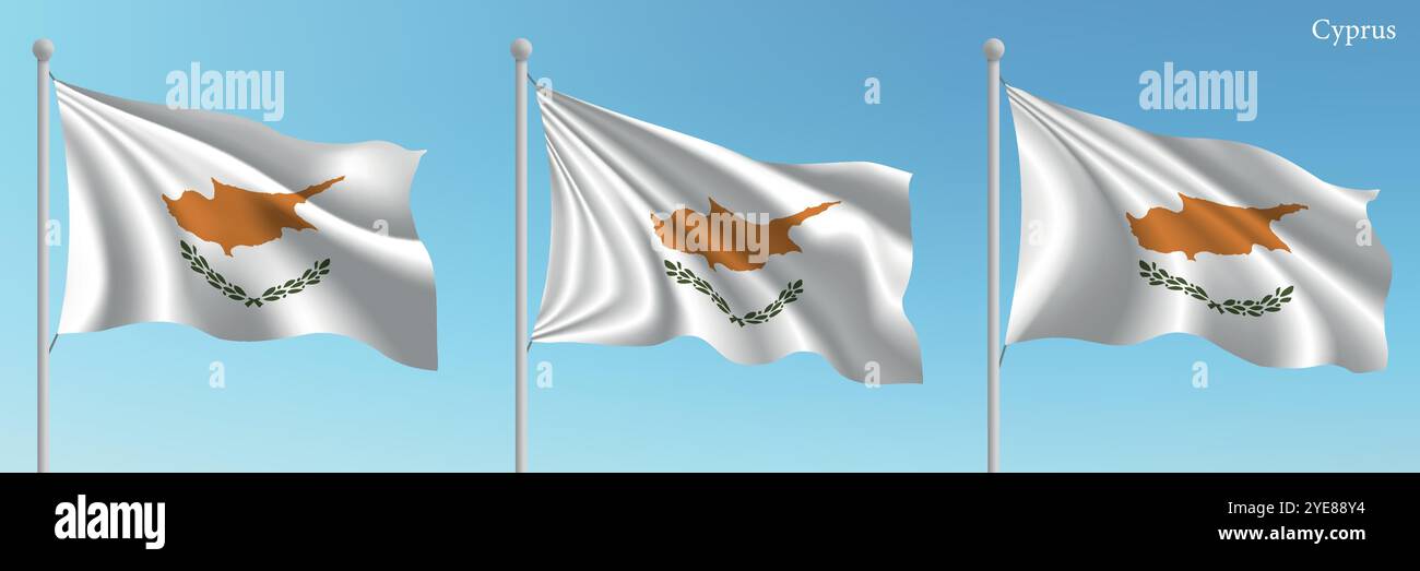 Set of three flags of Cyprus waving on flagpoles with a vibrant blue sky backdrop Stock Vector ...