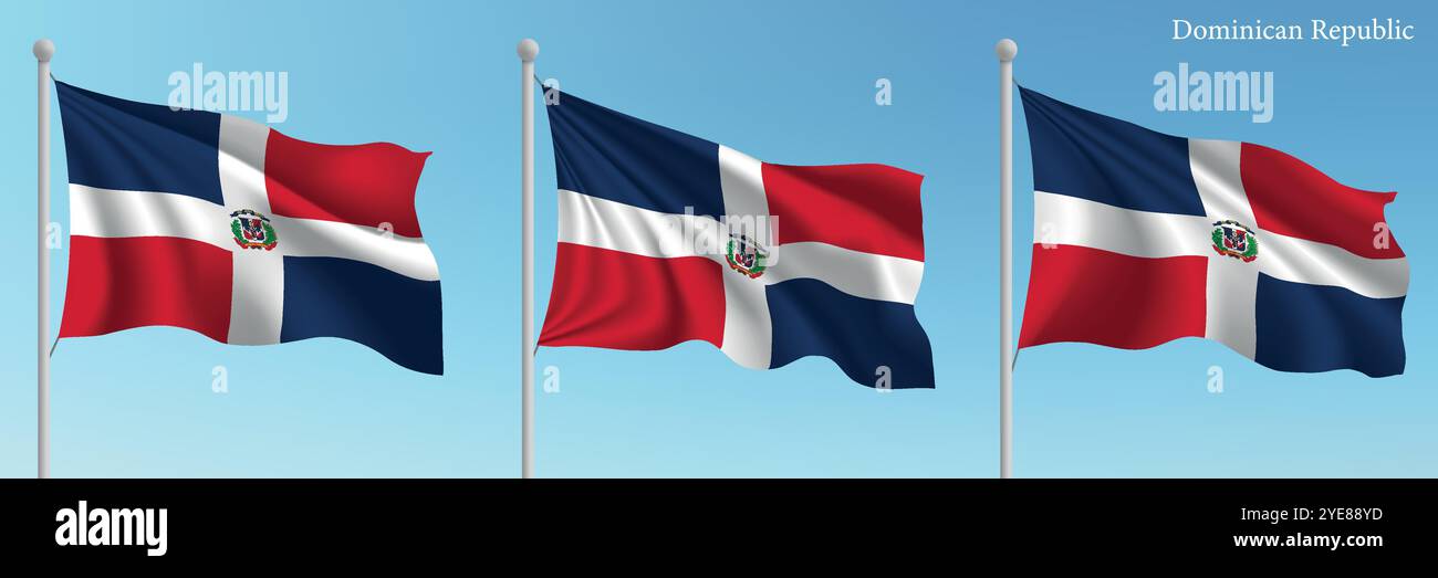 Set of three flags of Dominican Republic waving on flagpoles with a vibrant blue sky backdrop ...