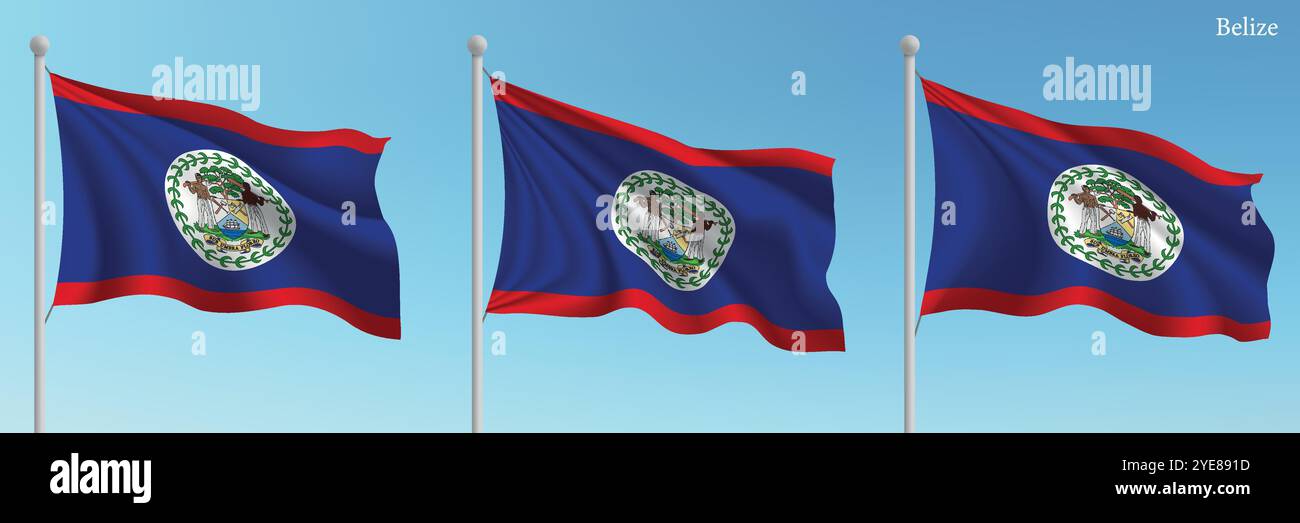 Set of three flags of Belize waving on flagpoles with a vibrant blue ...