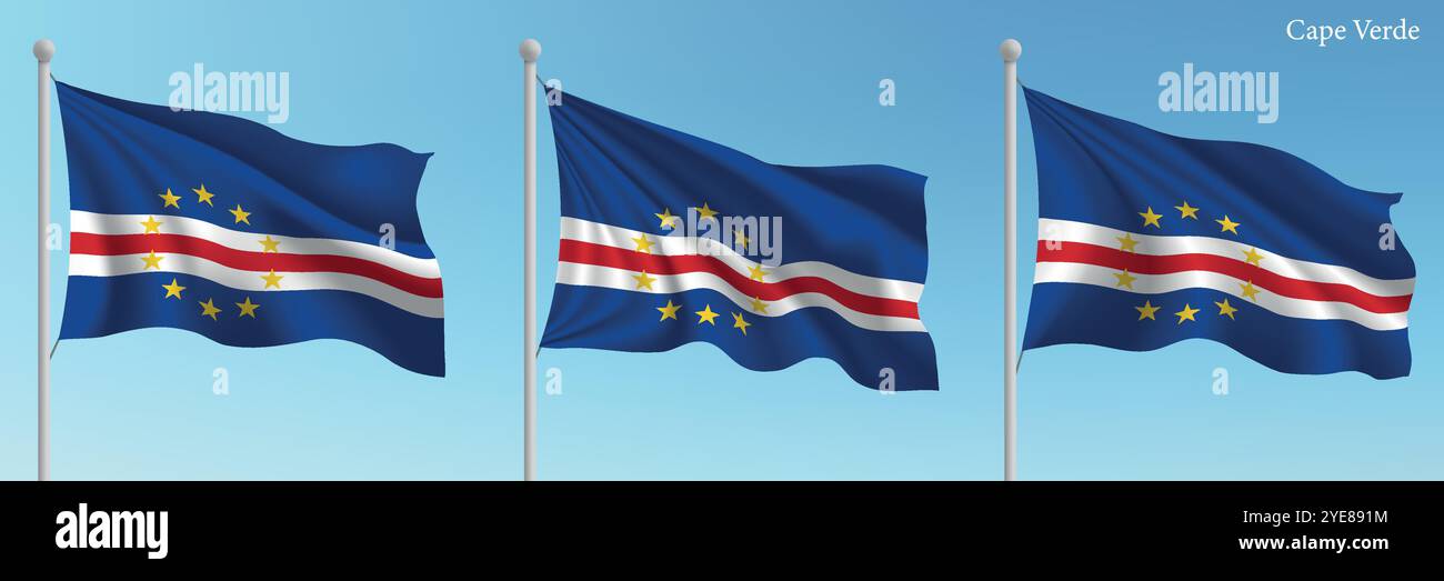 Set of three flags of Cape Verde waving on flagpoles with a vibrant blue sky backdrop Stock ...