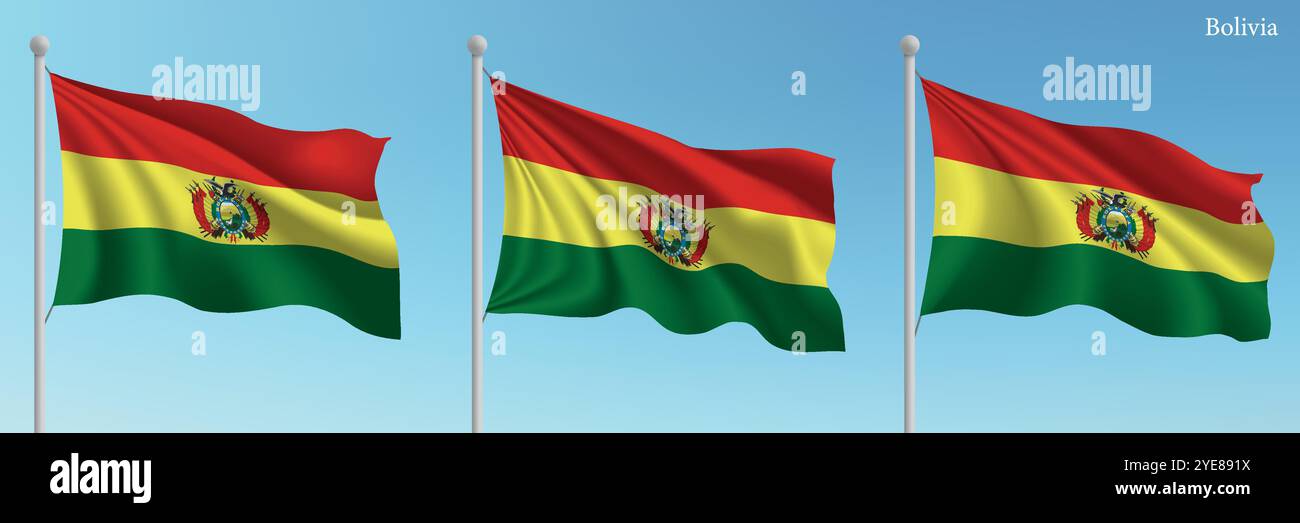 Set of three flags of Bolivia waving on flagpoles with a vibrant blue sky backdrop Stock Vector ...