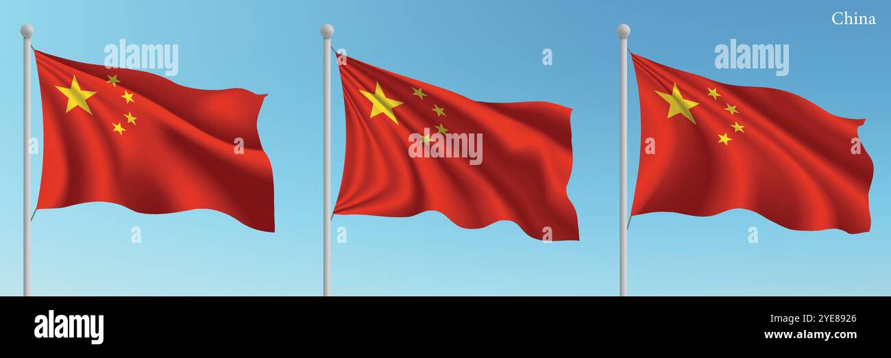 Set of three flags of China waving on flagpoles with a vibrant blue sky ...