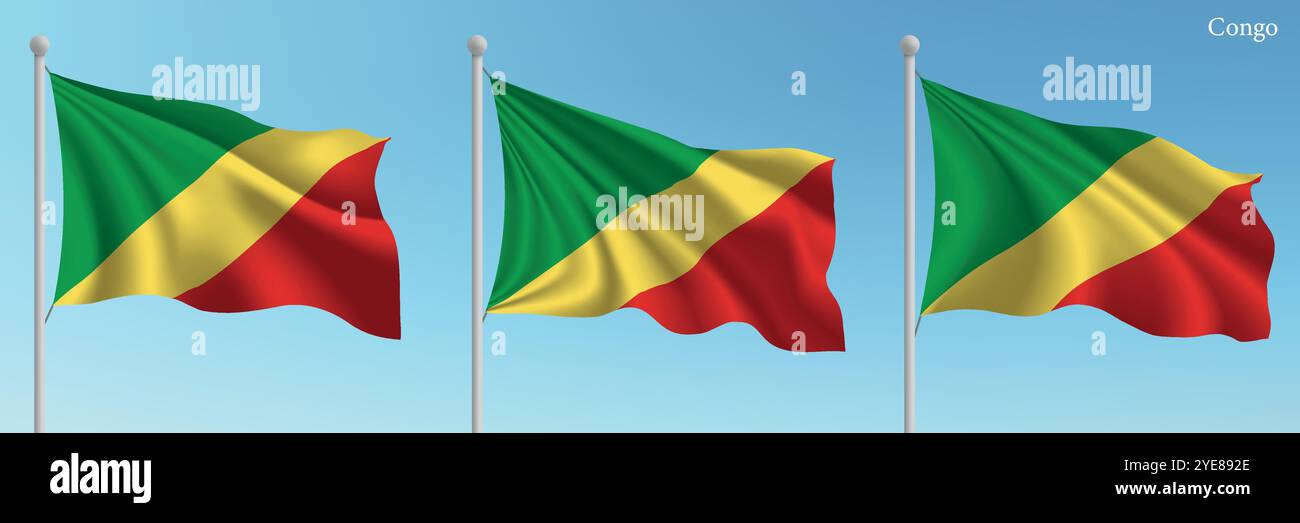 Set of three flags of Congo waving on flagpoles with a vibrant blue sky backdrop Stock Vector ...