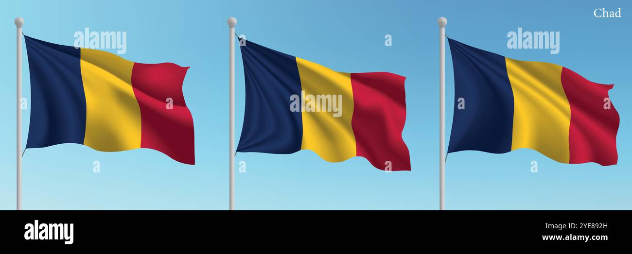 Set of three flags of Chad waving on flagpoles with a vibrant blue sky ...