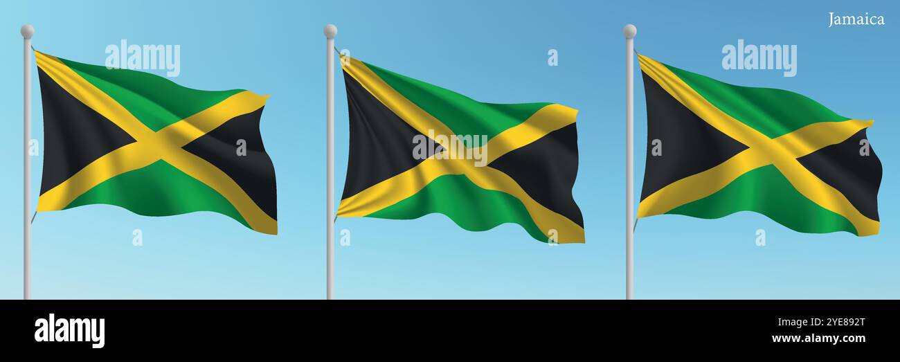 Set of three flags of Jamaica waving on flagpoles with a vibrant blue sky backdrop Stock Vector ...