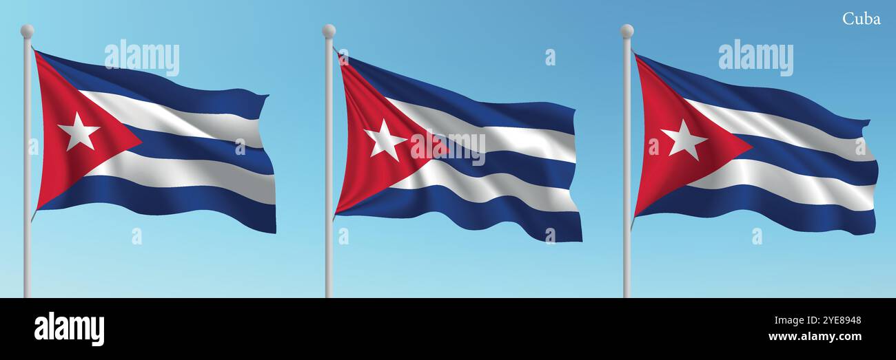 Set of three flags of Cuba waving on flagpoles with a vibrant blue sky ...