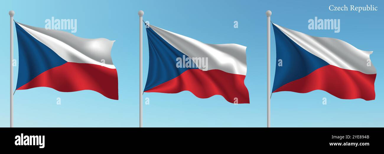 Set of three flags of Czech Republic waving on flagpoles with a vibrant blue sky backdrop Stock ...