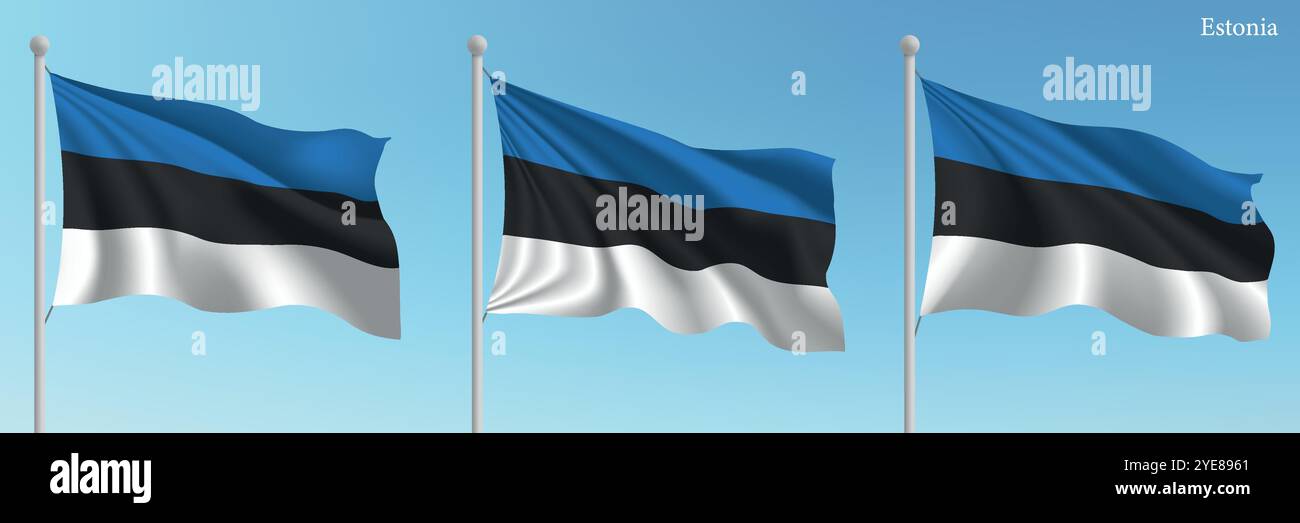 Set of three flags of Estonia waving on flagpoles with a vibrant blue ...