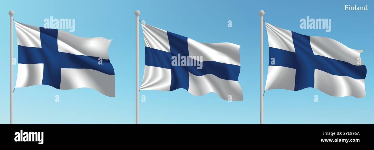 Set of three flags of Finland waving on flagpoles with a vibrant blue ...