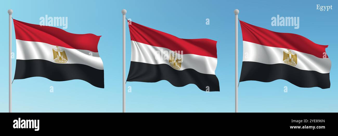 Set of three flags of Egypt waving on flagpoles with a vibrant blue sky ...