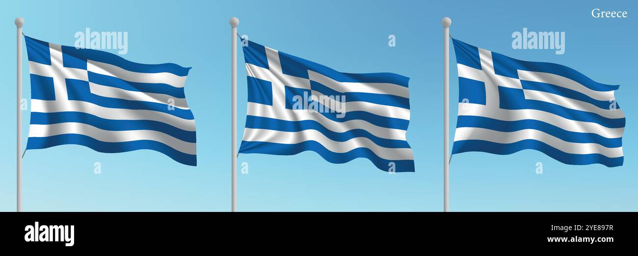Set of three flags of Greece waving on flagpoles with a vibrant blue sky backdrop Stock Vector ...