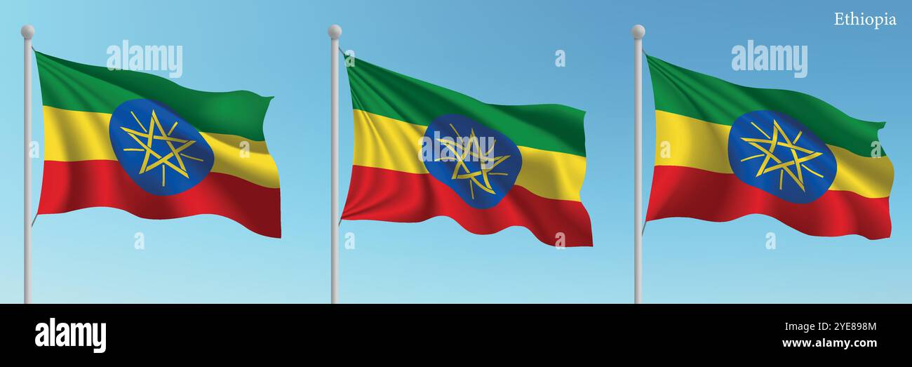 Set of three flags of Ethiopia waving on flagpoles with a vibrant blue sky backdrop Stock Vector ...