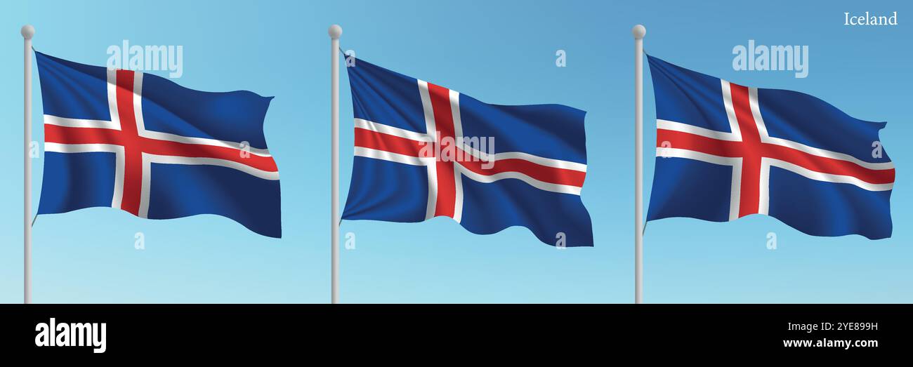Set of three flags of Iceland waving on flagpoles with a vibrant blue sky backdrop Stock Vector ...
