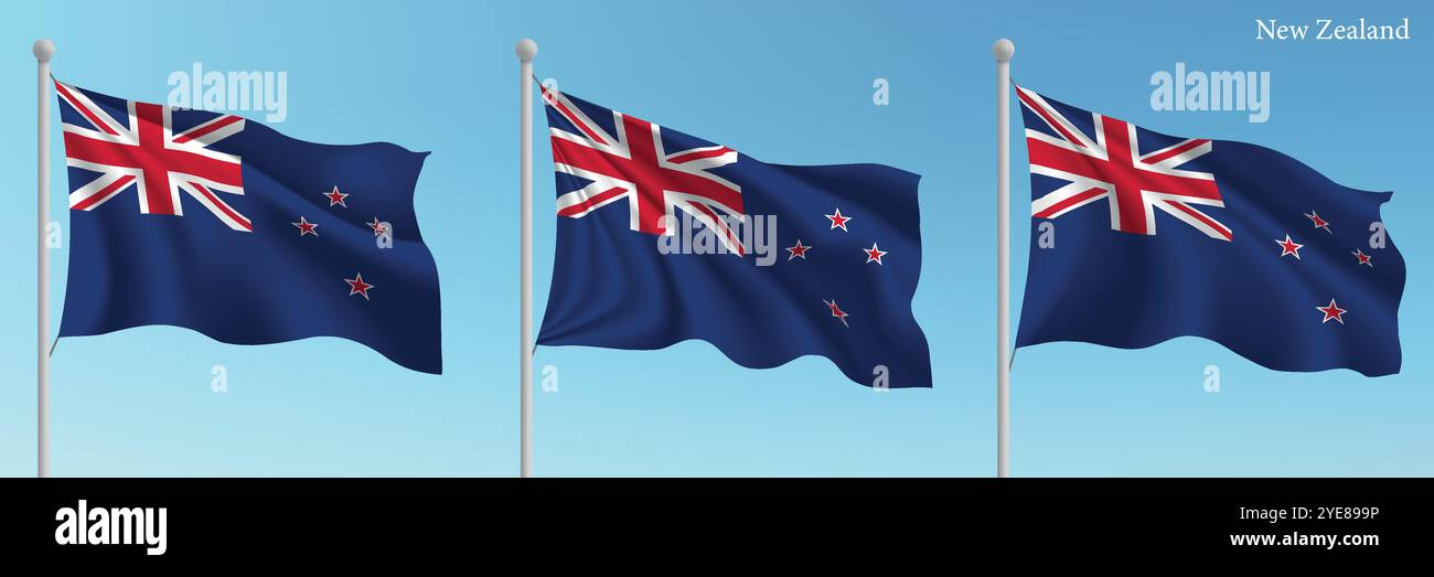 Set of three flags of New Zealand waving on flagpoles with a vibrant blue sky backdrop Stock ...