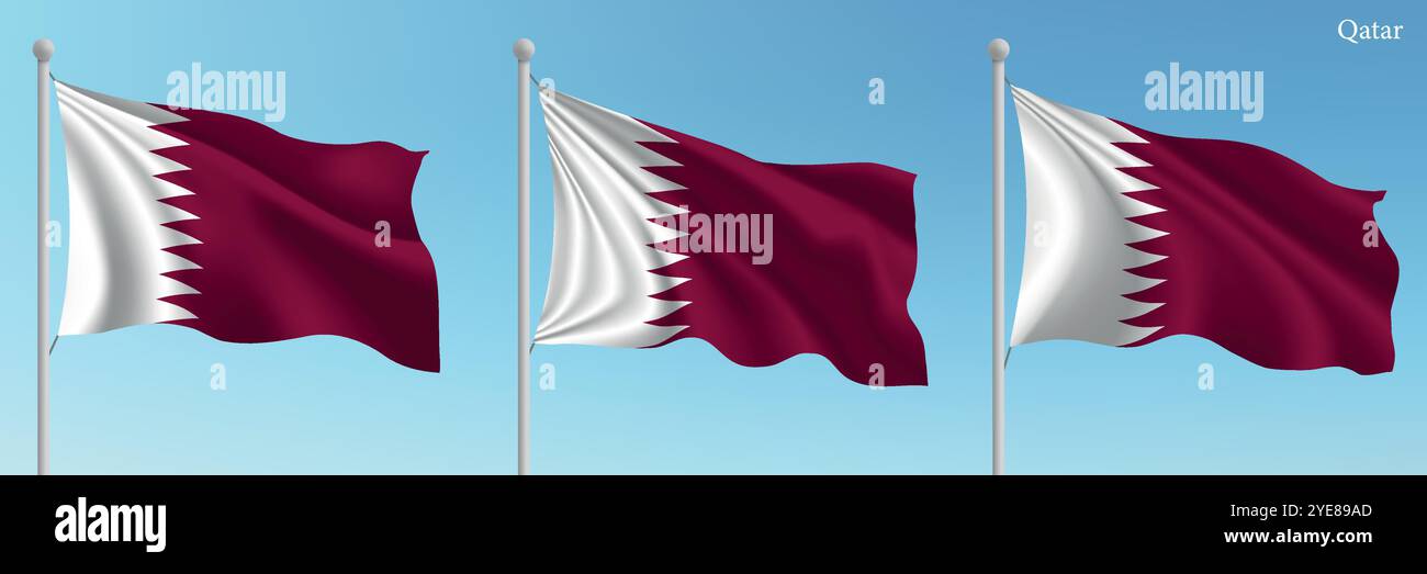 Set of three flags of Qatar waving on flagpoles with a vibrant blue sky ...