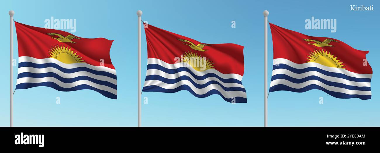 Set of three flags of Kiribati waving on flagpoles with a vibrant blue sky backdrop Stock Vector ...