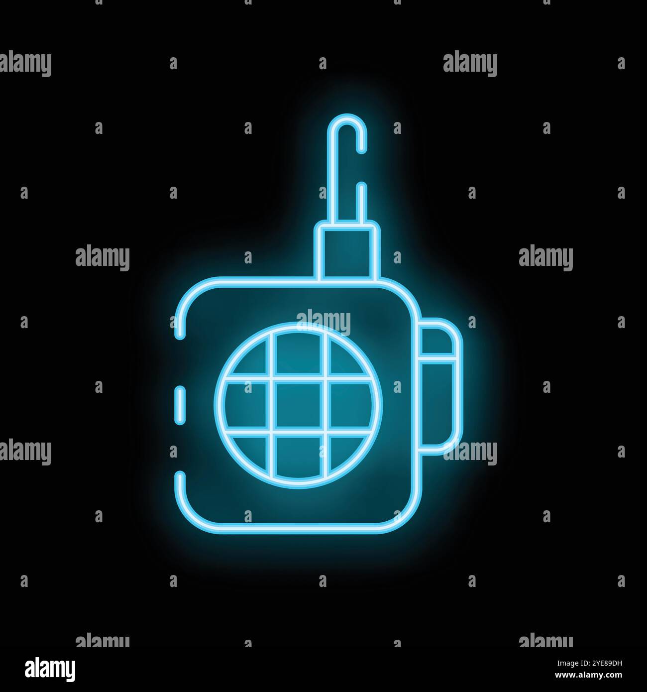 Blue neon sign of a walkie talkie is glowing against a black background ...