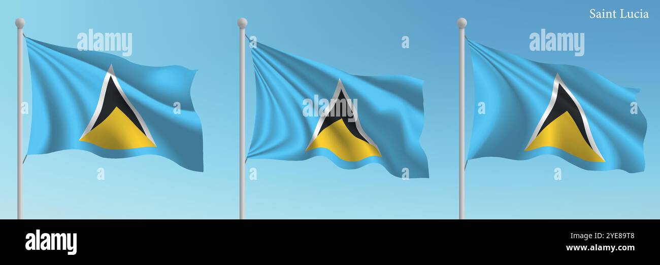 Set of three flags of Saint Lucia waving on flagpoles with a vibrant blue sky backdrop Stock ...