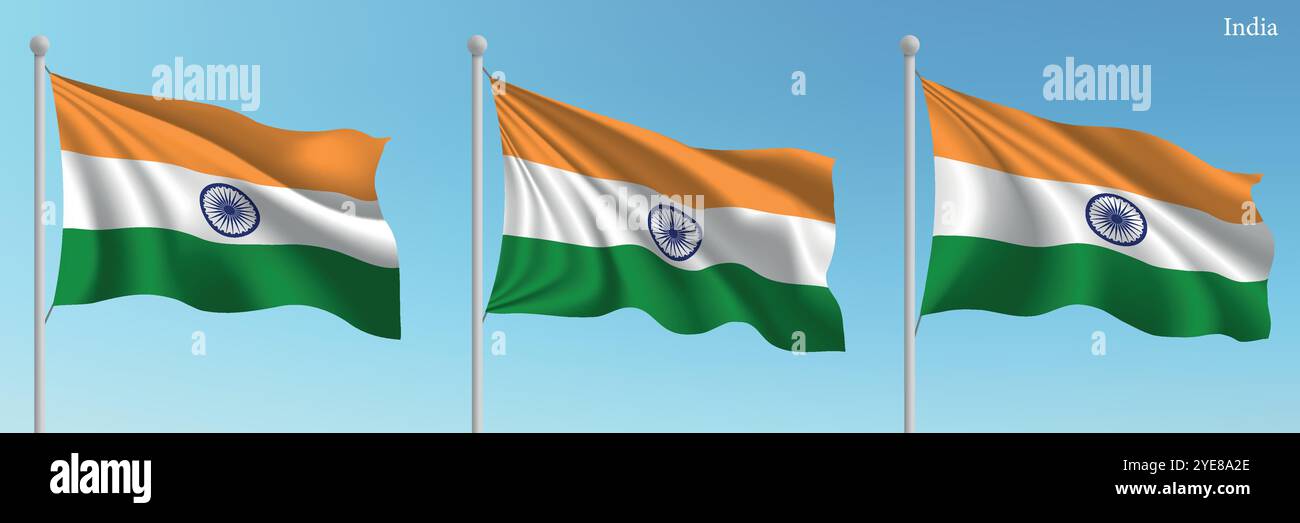 Set of three flags of India waving on flagpoles with a vibrant blue sky ...