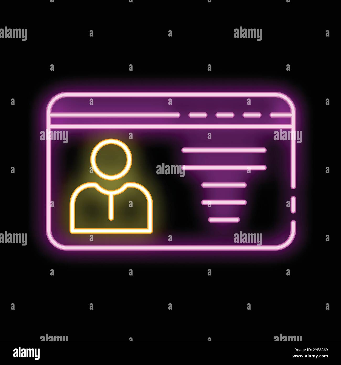 Neon id card icon glowing on a black background, perfect for designs ...