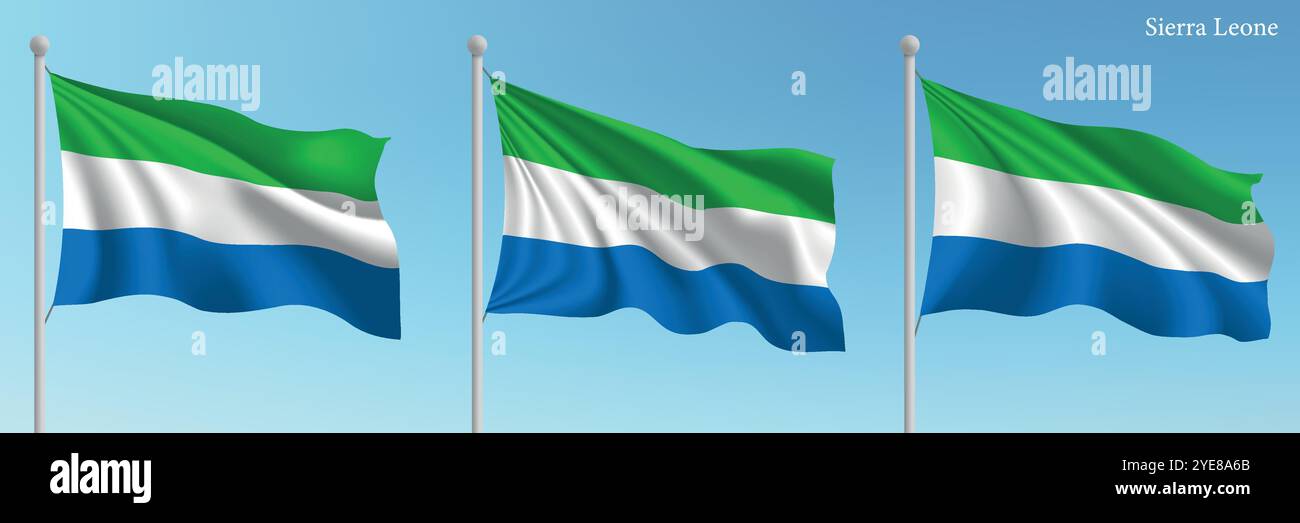 Set of three flags of Sierra Leone waving on flagpoles with a vibrant blue sky backdrop Stock ...