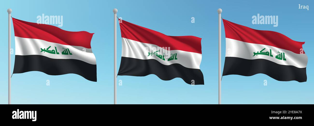 Set of three flags of Iraq waving on flagpoles with a vibrant blue sky ...