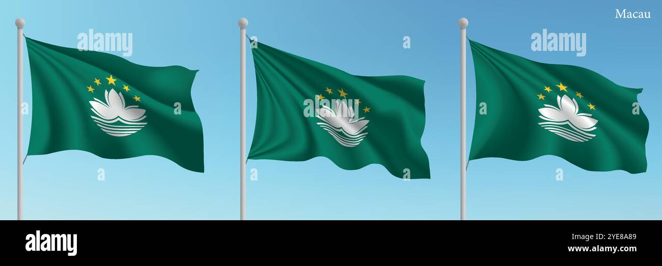 Set of three flags of Macau waving on flagpoles with a vibrant blue sky ...