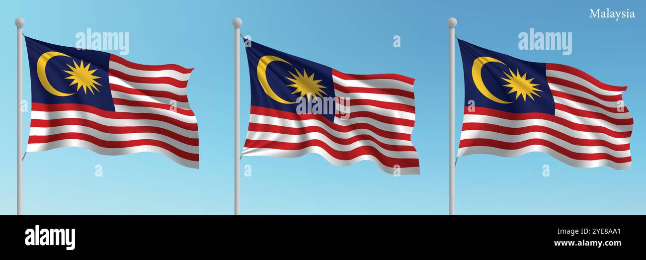 Set of three flags of Malaysia waving on flagpoles with a vibrant blue sky backdrop Stock Vector ...